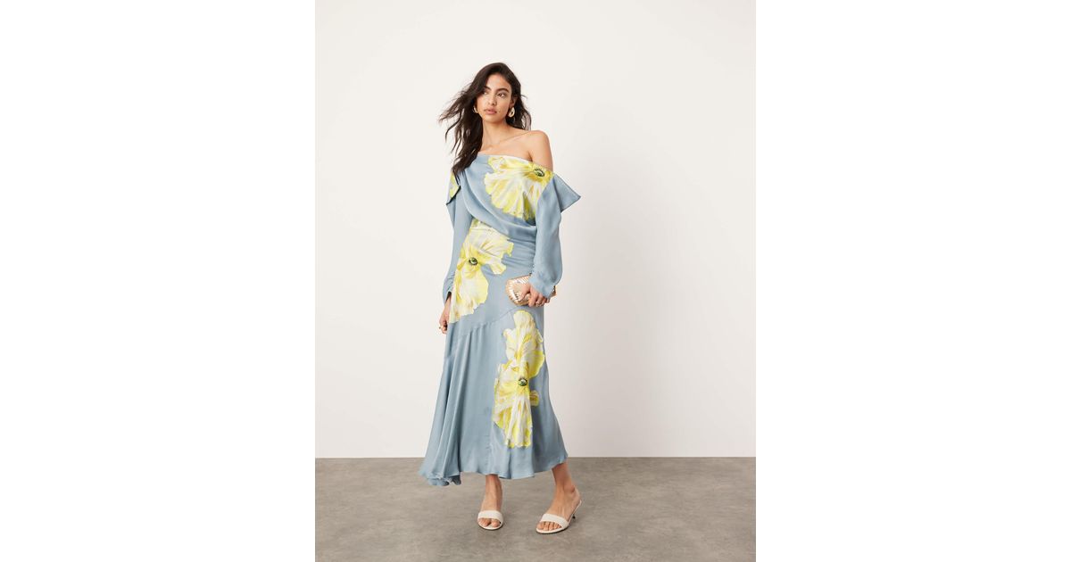 ASOS Satin Floral Embroidered Drape One Shoulder Midi Dress in Blue | Lyst