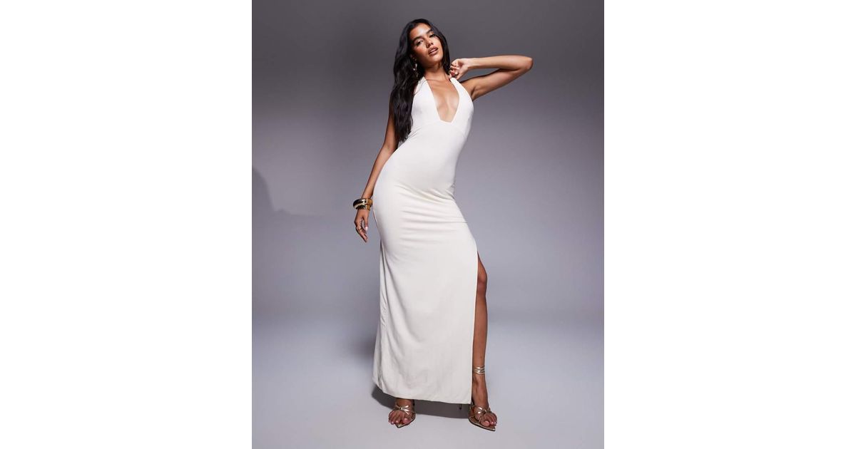 Oh Polly Mei Plunge Thigh Split Midaxi Dress in Grey | Lyst UK