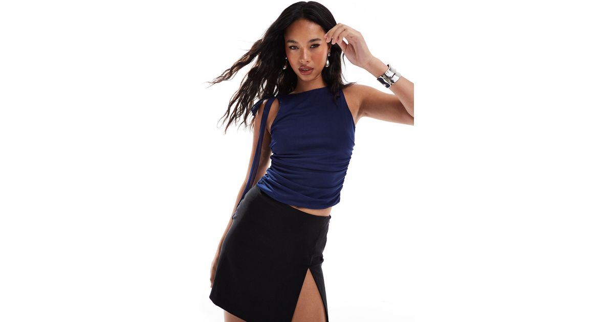 ASOS Mesh Top With Drapey Tie Detail in Blue | Lyst