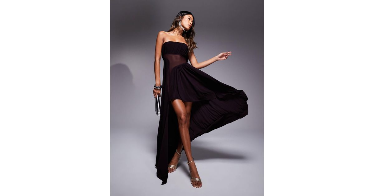 ASOS High-Low Ruched Bandeau Maxi Dress With Mesh Panels in Purple | Lyst