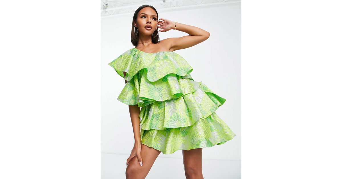 Asos Super Ruffle One Shoulder Jacquard Mini Dress In Green Lyst Canada