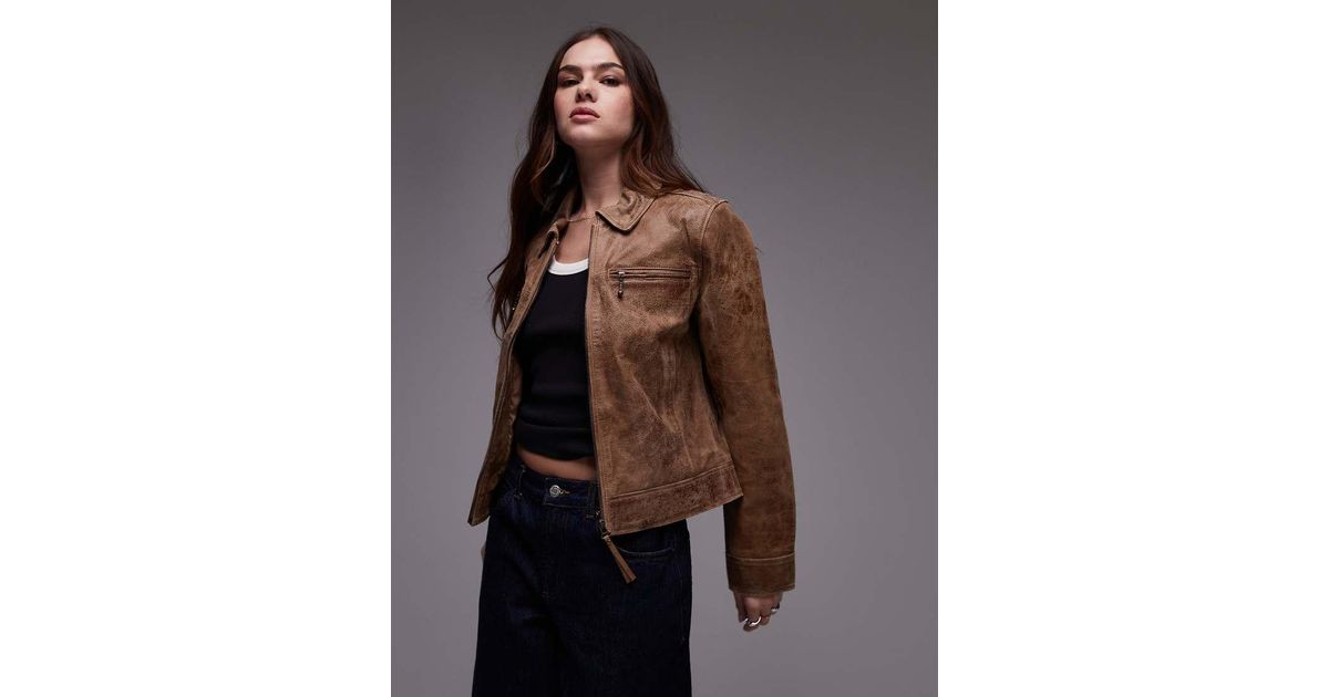 Urbancode Zip Through Fitted Crop Leather Jacket in Brown | Lyst UK