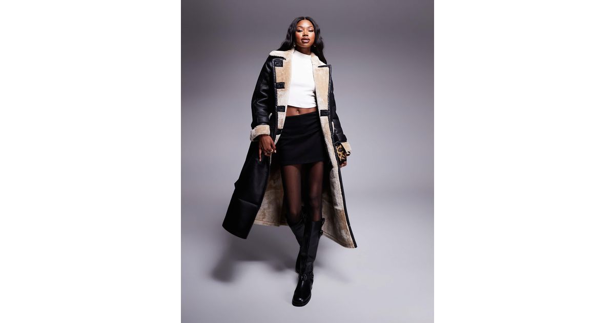 River Island Faux Leather Belted Trench With Shearling Detail in Black ...