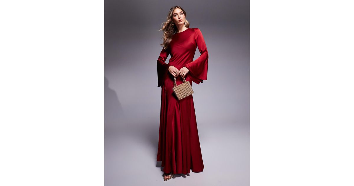 ASOS Long Sleeve Satin Maxi Dress With Full Skirt And Godets in Red | Lyst