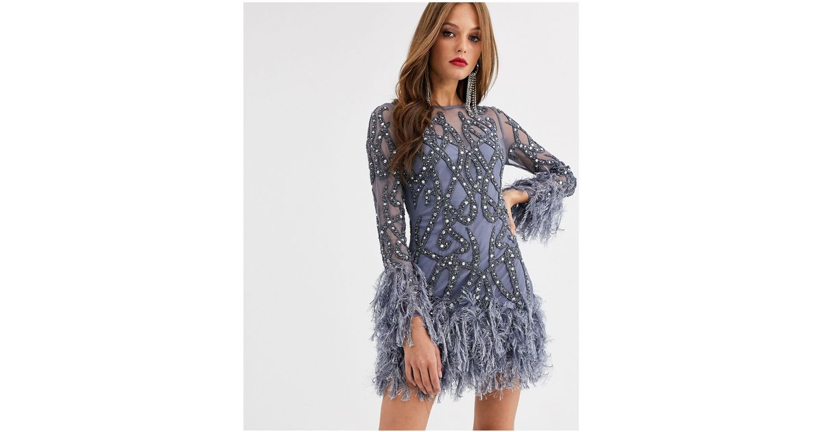 Asos Crystal Embellished Mini Dress With Faux Feather Hem Blue Lyst