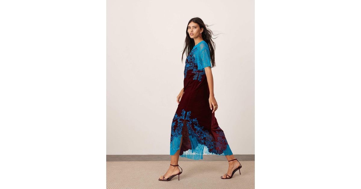 ASOS Velvet Lace Applique Embroidered Column Midi Dress in Blue | Lyst