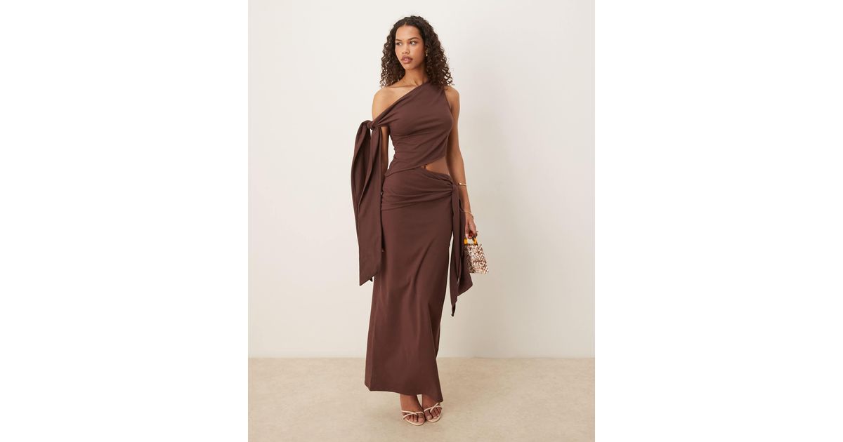 ASOS Fallen Shoulder Midi Dress With Tie Detail in Brown | Lyst
