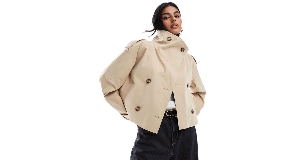ASOS Cropped Funnel Neck Trench Coat in Natural | Lyst