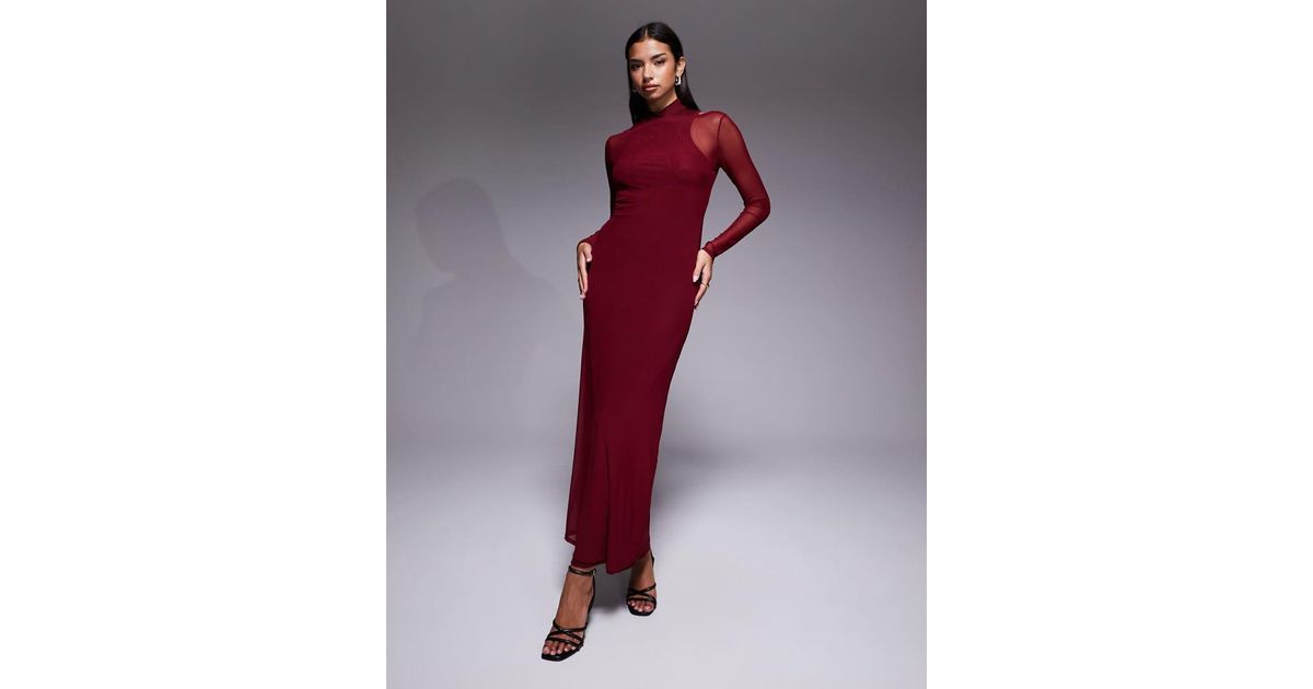 ASOS Mesh High Neck Double Layer Maxi Dress in Red | Lyst UK