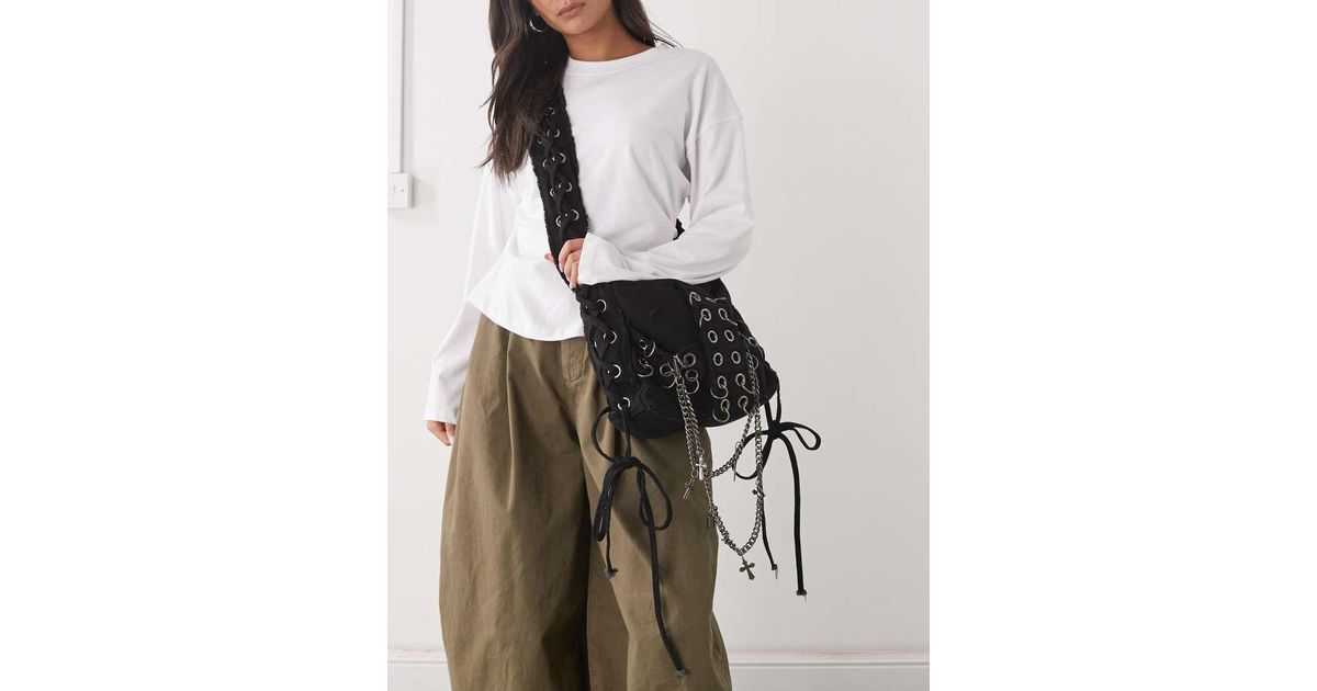 Minga London Washed Twill Eyelet Cross Body Bag in Black | Lyst UK
