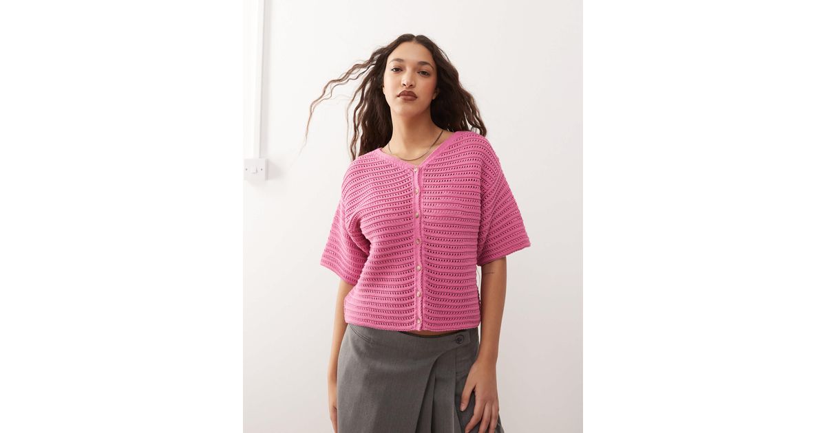 Reclaimed (vintage) High V Neck Boxy Short Sleeve Cardigan in Pink | Lyst