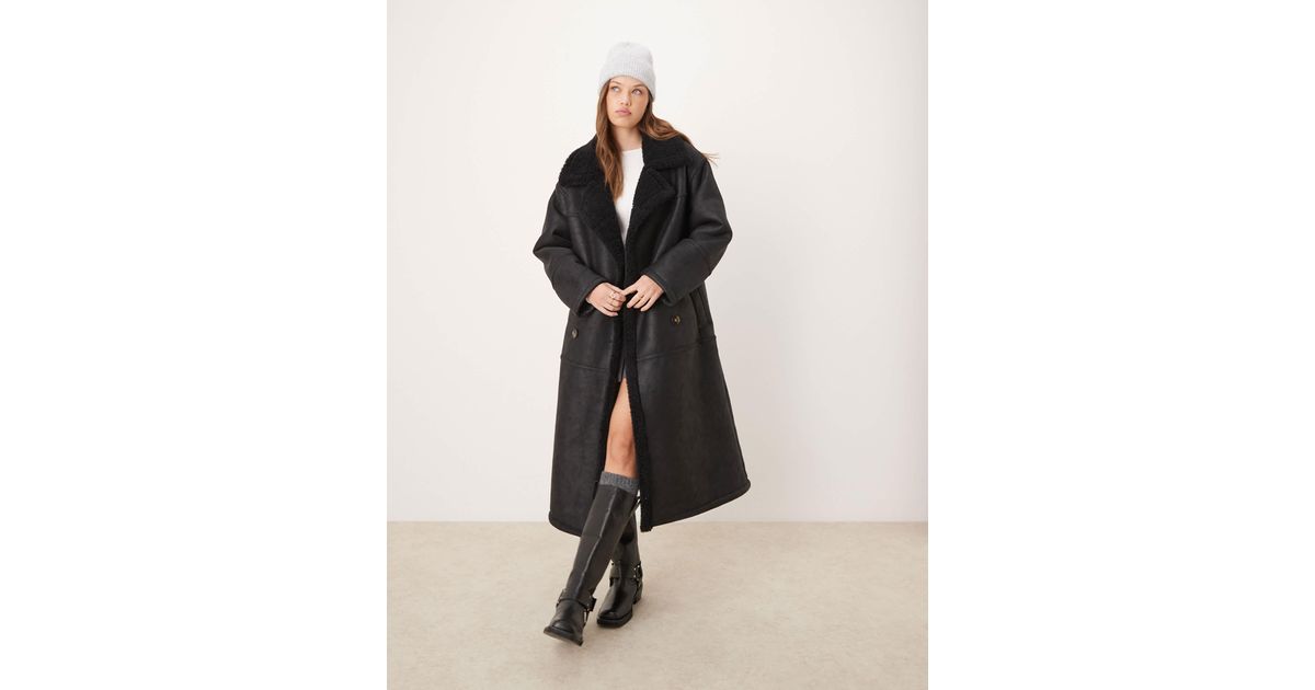 ASOS Longline Bonded Borg Trench Coat in Black | Lyst