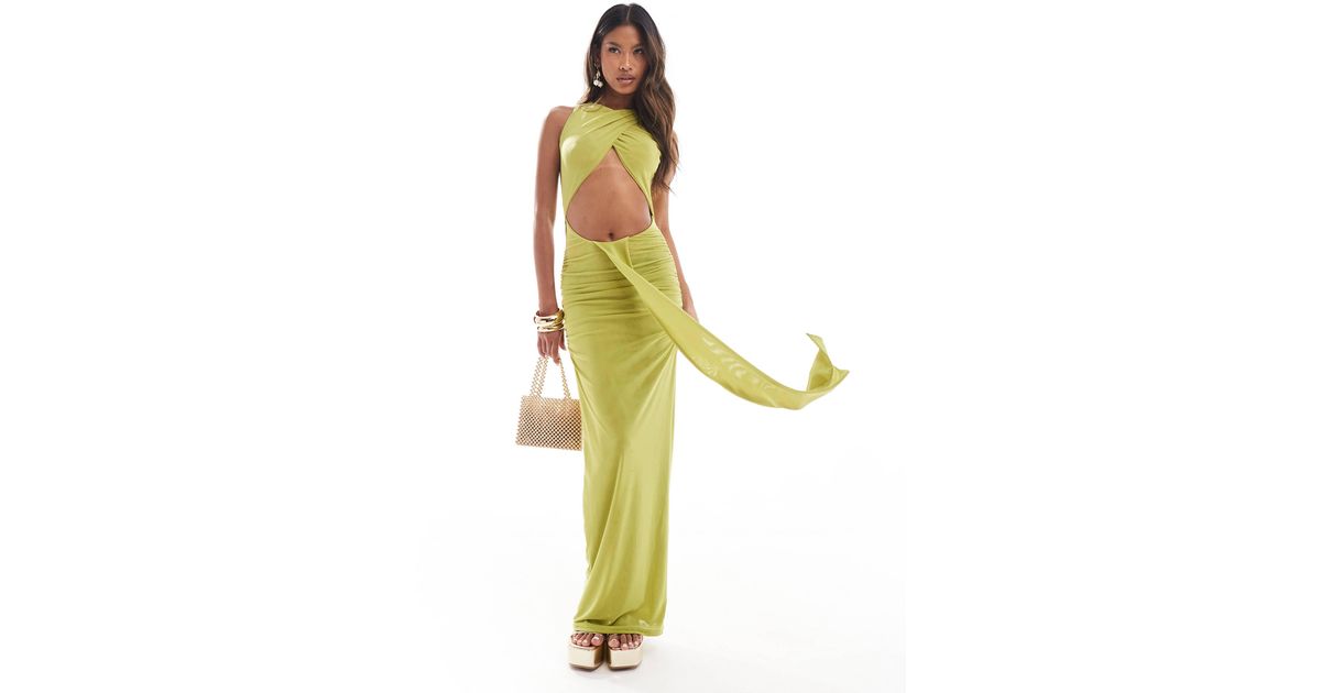 Murci Drape Detail Cut Out High Neck Maxi Dress in Yellow | Lyst
