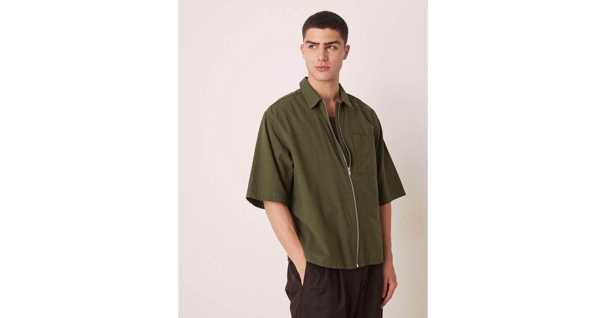 ASOS Oversized Boxy Zip Through Shirt in Green for Men | Lyst