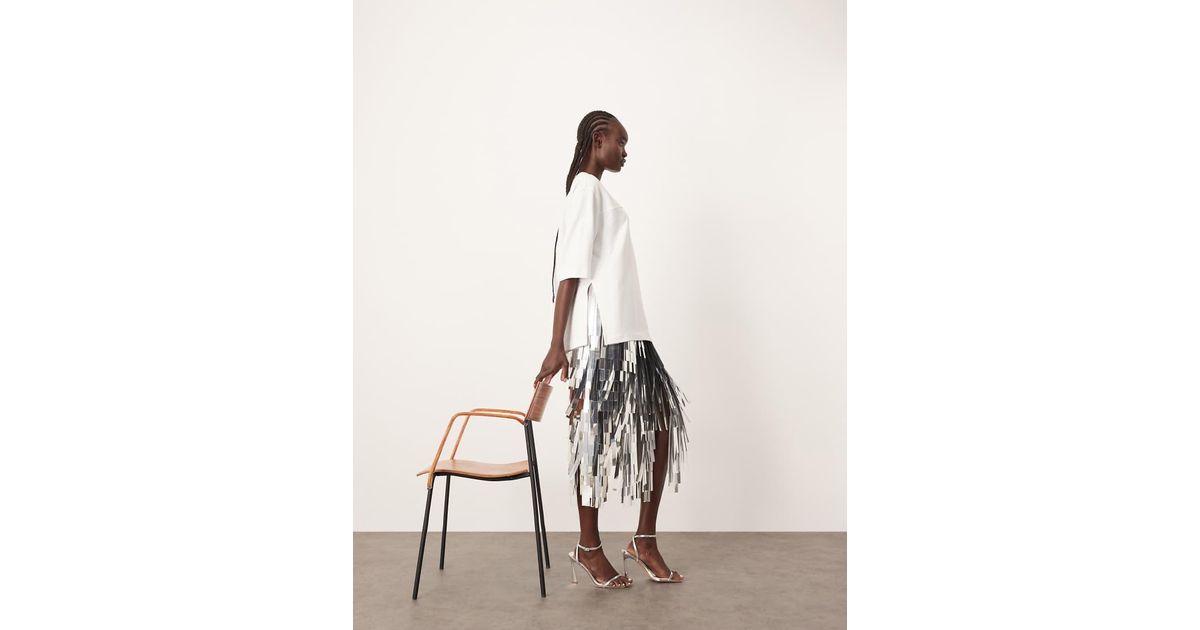 ARRANGE Jumbo Shard Sequin Fringe Hem Midi Skirt in Natural | Lyst UK
