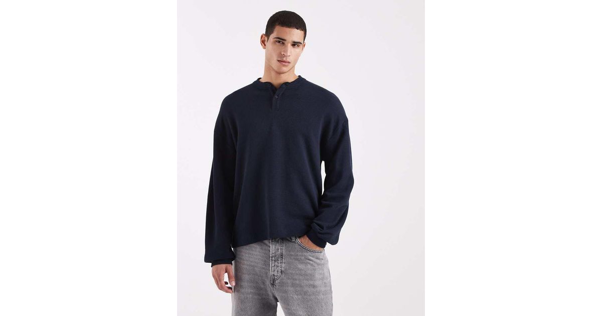 ASOS Oversized Boxy Long Sleeve T-shirt With Henley Neck in Blue for ...