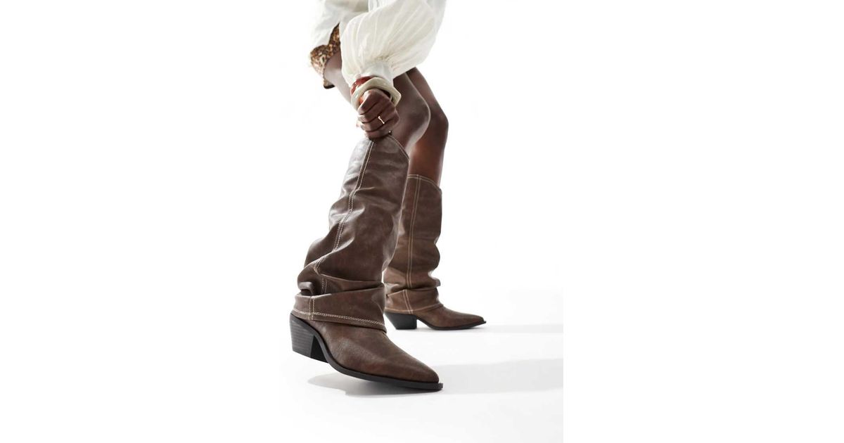 SEQWL Lexus Slouchy Fold Over Western Boots in White | Lyst UK