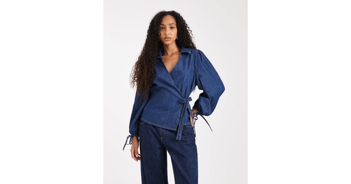 ASOS Denim Wrap Top With Balloon Sleeves in Blue | Lyst
