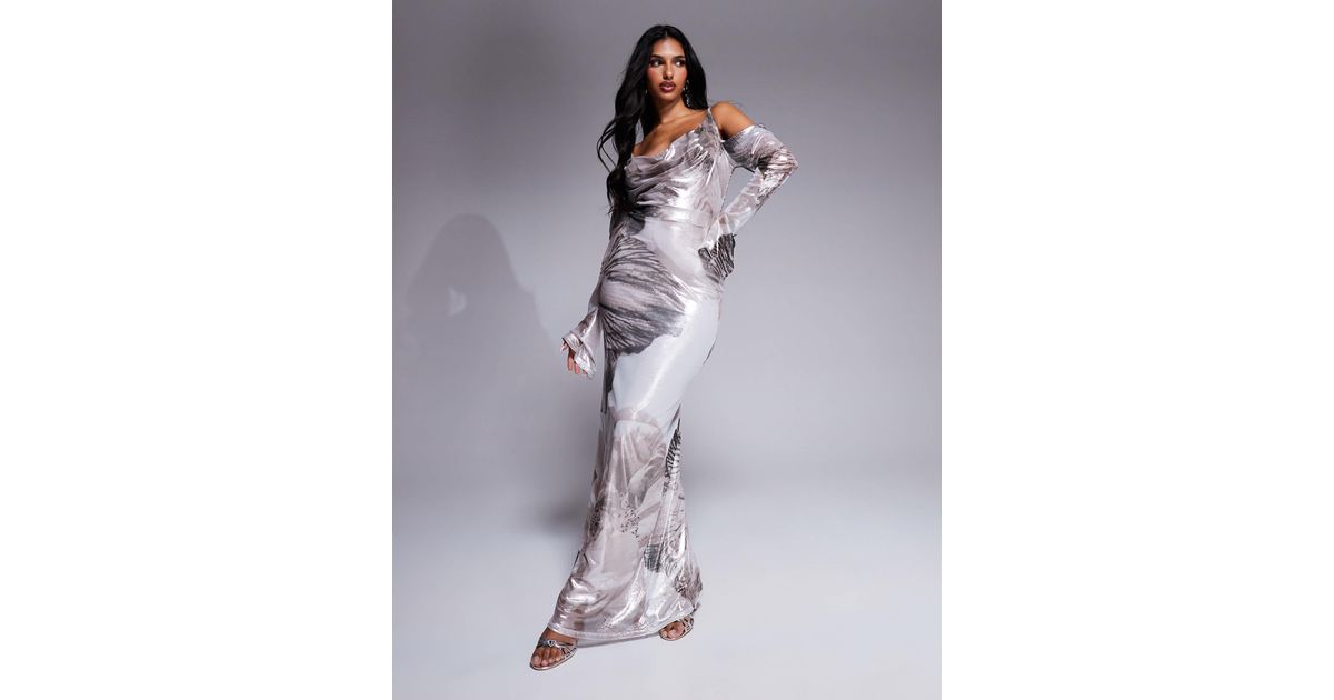 ASOS Shimmer Plunge Cowl Neck Maxi Dress With Tie Detail And Long ...