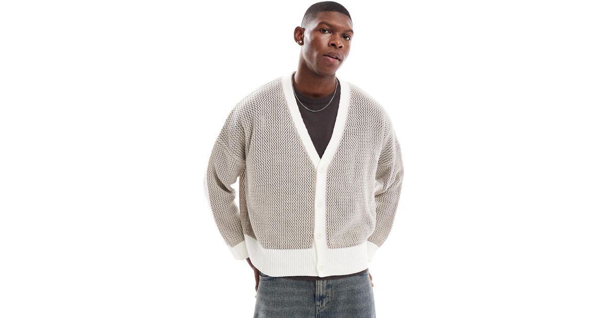 ASOS Oversized Knitted Cropped Cardigan With Contrast Trim in Natural ...