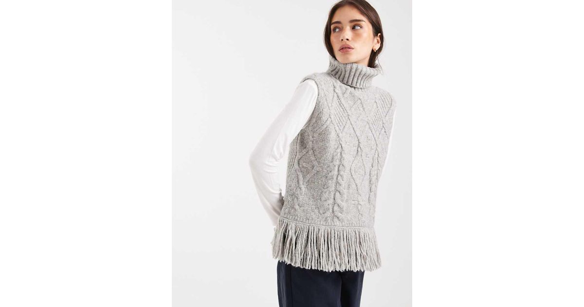 Miss Selfridge Cable Knit Oversized Fringe Tank in Grey | Lyst UK