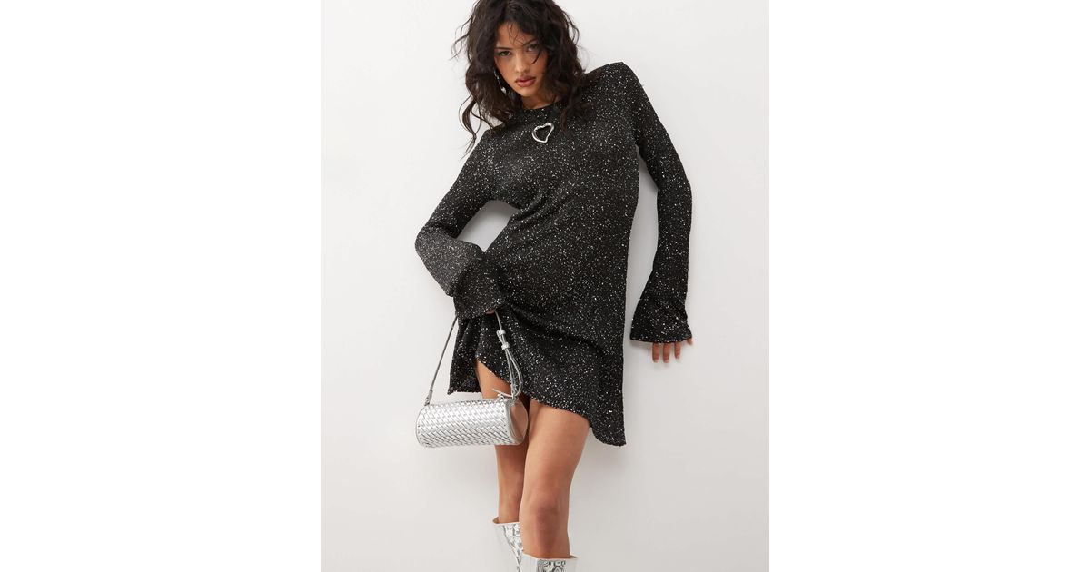 Monki Long Sleeve Sequin Knit Mini Dress in Black | Lyst