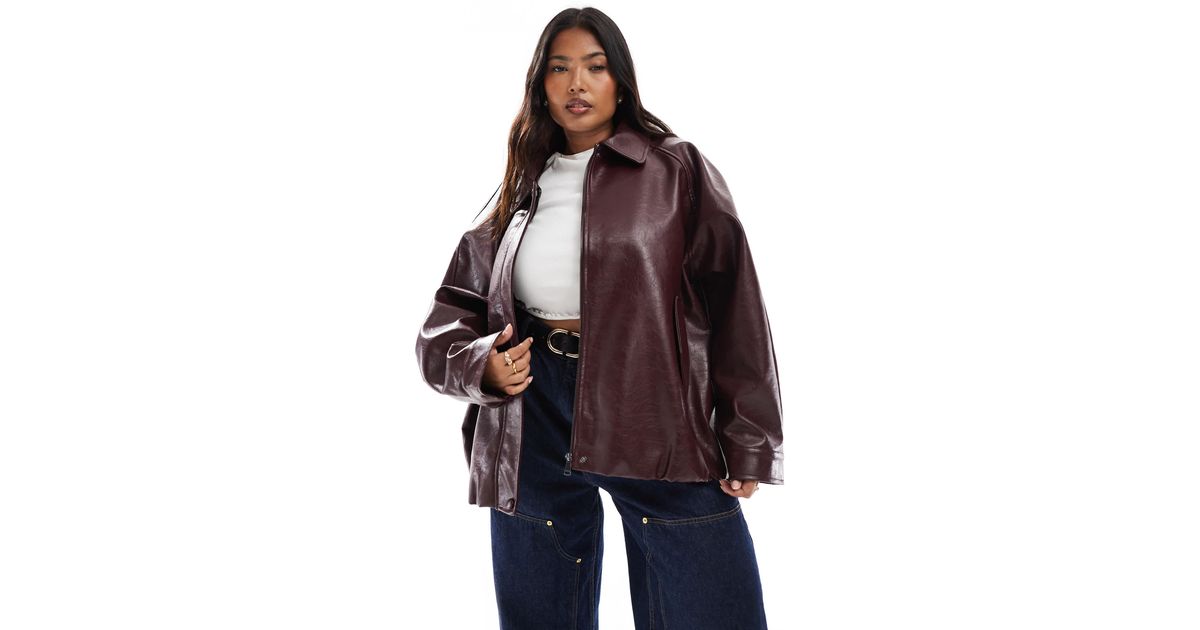ASOS Asos Design Curve Leather-look Oversized Bomber Jacket in Red | Lyst