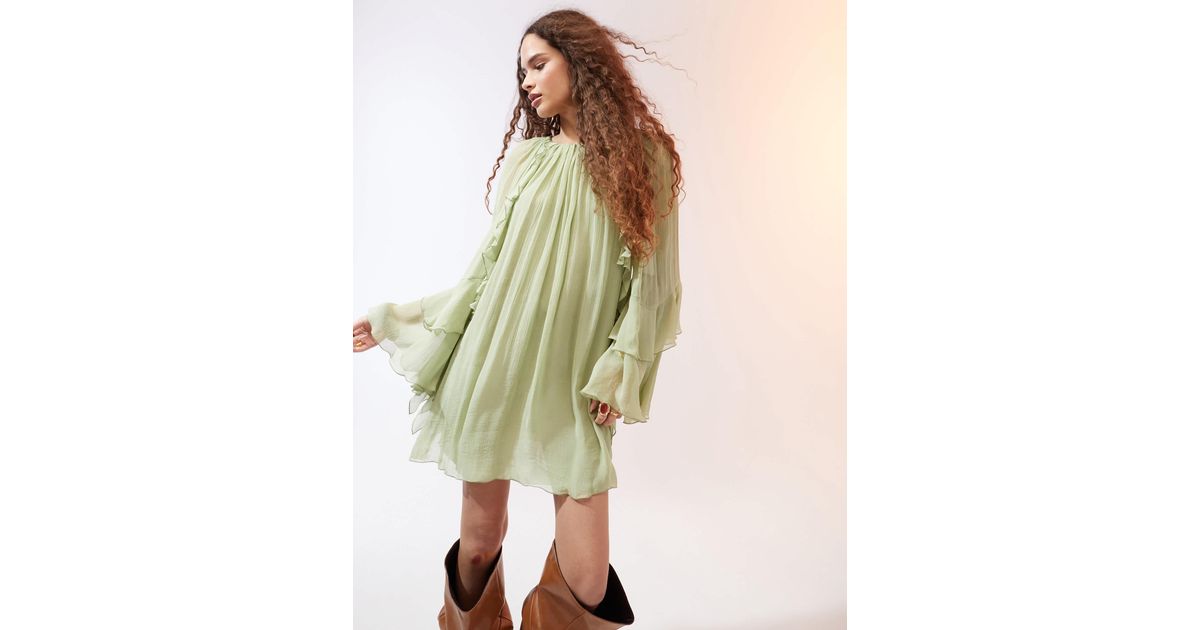 Mango Ruffle And Pleat Front Woven Mini Dress in Green | Lyst Canada