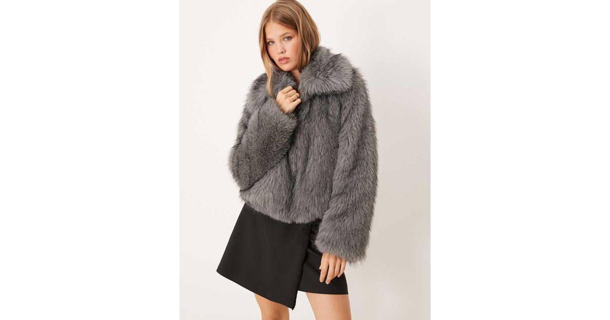 Threadbare Short Fur Jacket With Collar in Grey | Lyst UK