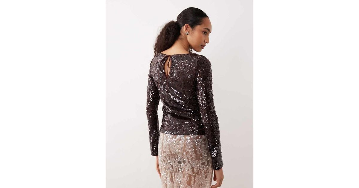 Mango Sequin Long Sleeve Top in Brown | Lyst UK