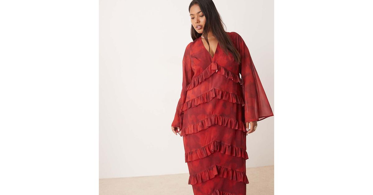 Pretty Lavish Curve Long Sleeve Ruffle Maxi Dress in Red | Lyst UK