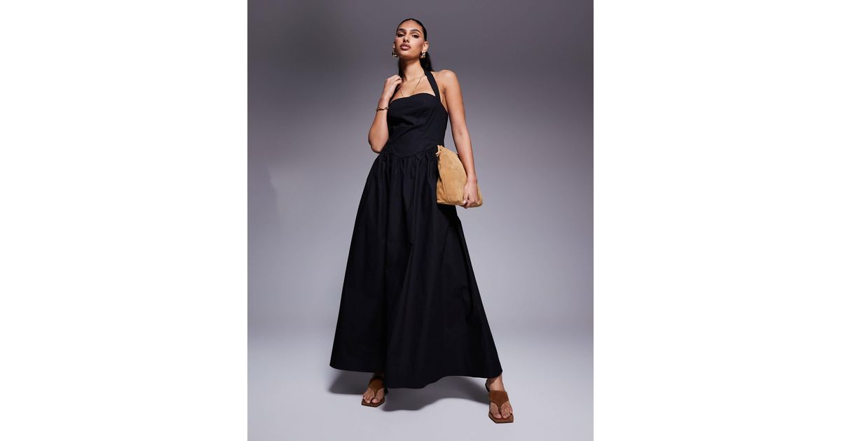 Kaiia Exclusive Poplin Square Neck Halter Maxi Dress in Blue | Lyst