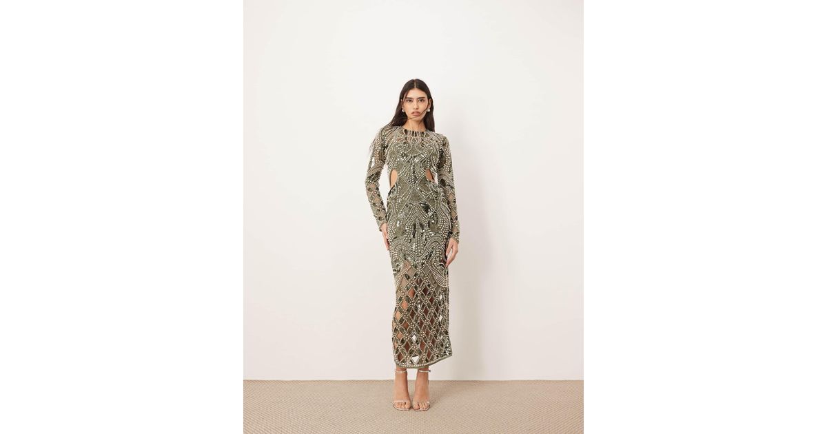 ARRANGE Embellished Metal Look Cage Cut Work Maxi Dress in Natural | Lyst