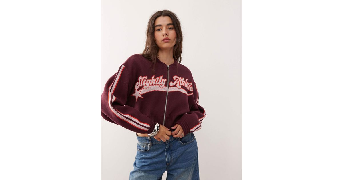 Monki Zip Through Knitted Bomber Cardigan in Red | Lyst