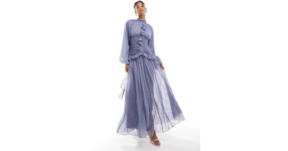 ASOS Waterfall Ruffle Gauged Bodice Maxi Dress With Lace Godets in Blue ...