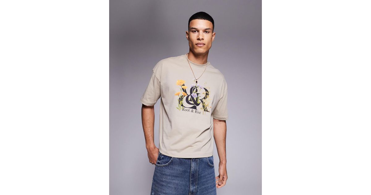 ASOS Boxy Oversized T-shirt With Floral Front Print in Gray for Men | Lyst