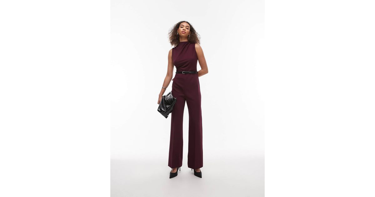 Mango High Neck Belted Jumpsuit in Red | Lyst