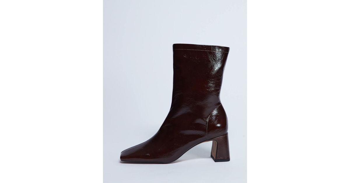 TOPSHOP Sara Premium Leather Square Toe Flared Heel Boot in Brown | Lyst