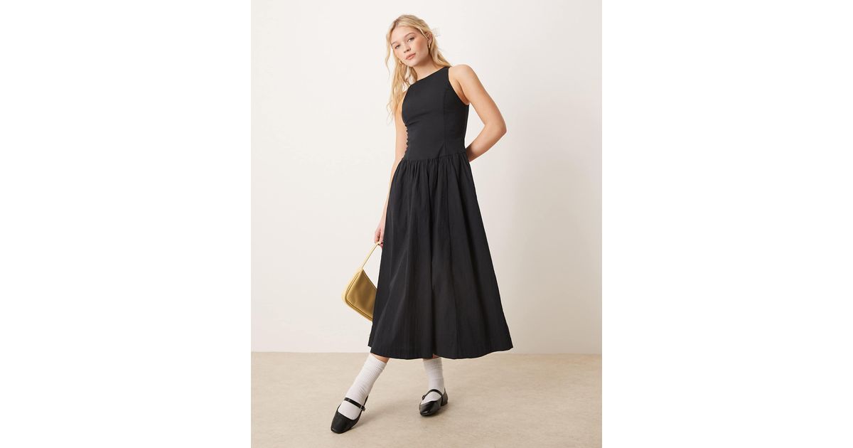 Abercrombie & Fitch High Neck Drop Waist Midi Dress in Black | Lyst