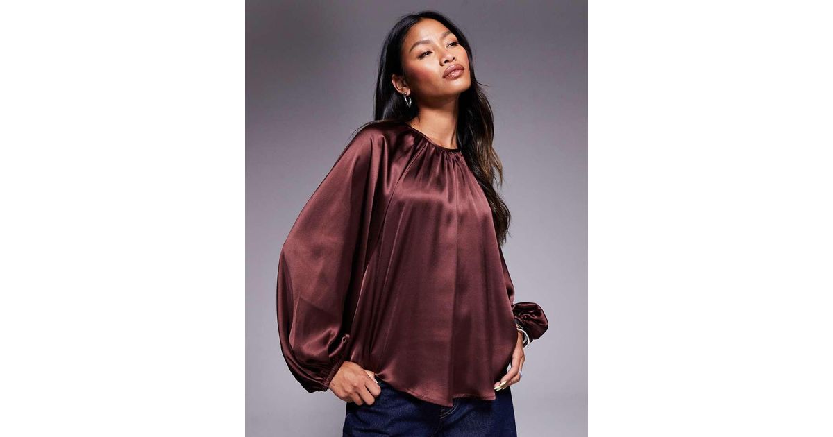 ASOS Volume Sleeve Satin Blouse in Brown | Lyst UK