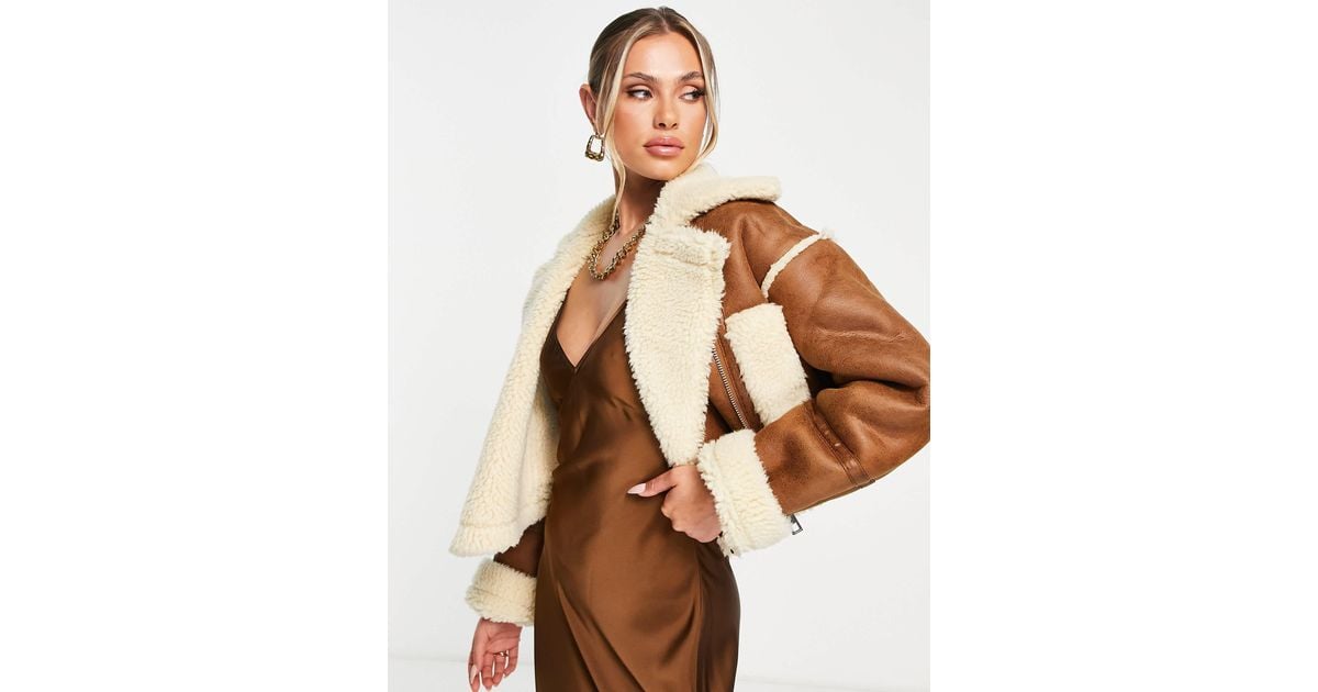 Aria Cove Faux Suede Shearling Cropped Aviator Jacket in Brown | Lyst