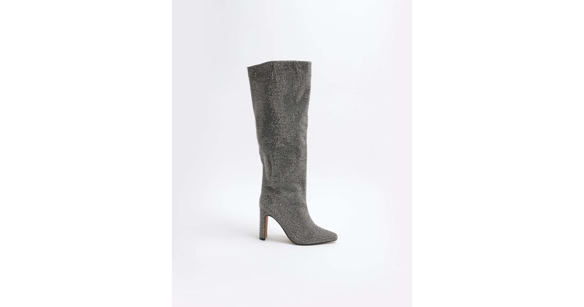 River Island Heatseal Knee High Heeled Boot in Gray | Lyst