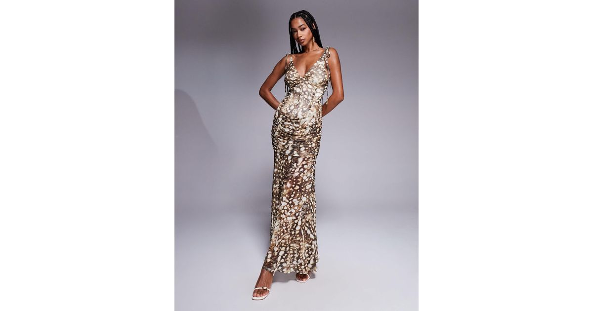ASOS Printed Mesh Maxi Dress With Cowl Detail And Tie Straps | Lyst