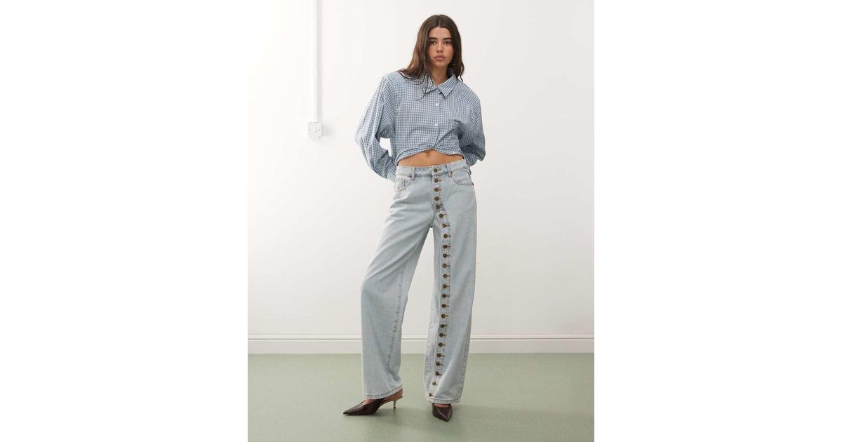 Lioness Penny Asymmetric Button Detail Wide Leg Jeans in Blue | Lyst UK