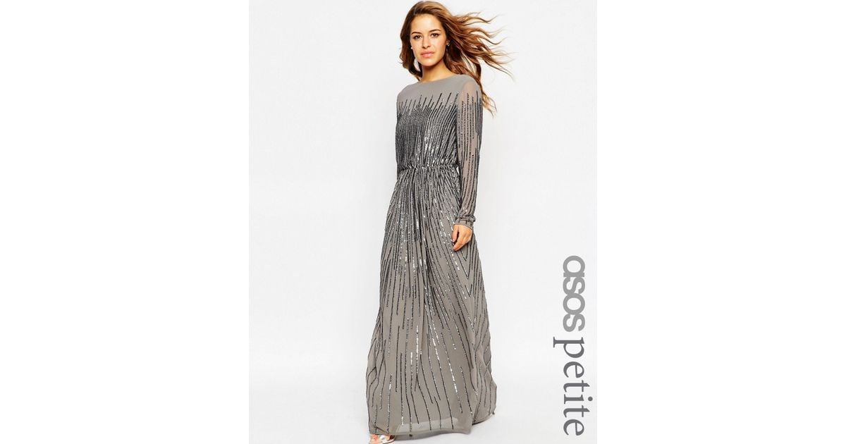 ASOS Petite Linear Sequin Long Sleeve Maxi Dress in Gray | Lyst