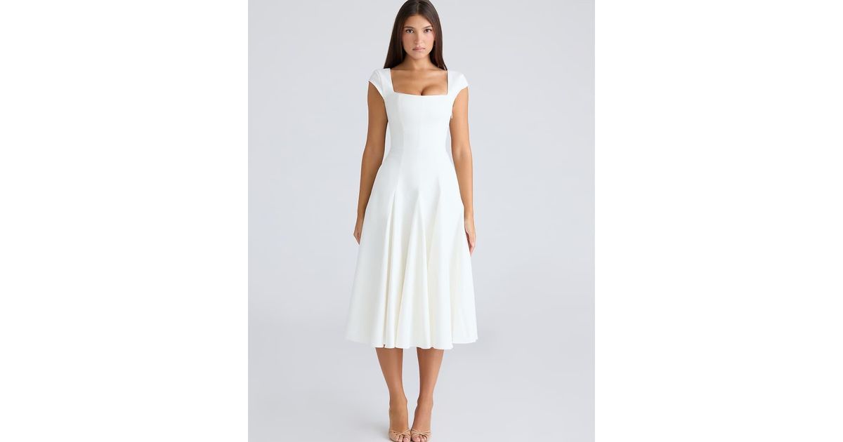 House Of Cb Raisa Square Neck Twill Midi Dress in White | Lyst UK