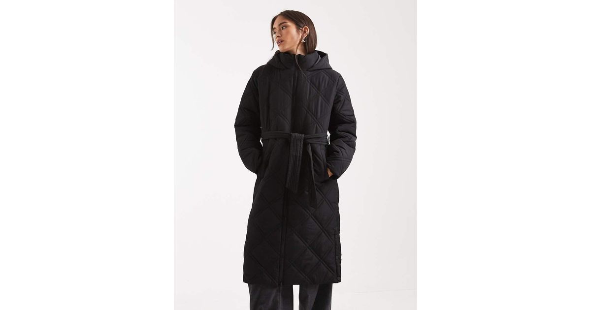 Threadbare Quilted Maxi Length Coat With Belt in Black | Lyst UK