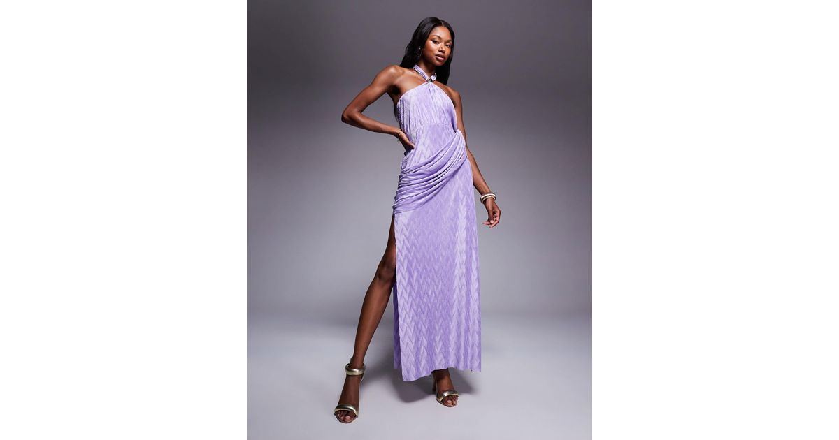 ASOS Draped Textured Halter Neck Maxi Dress in Purple | Lyst