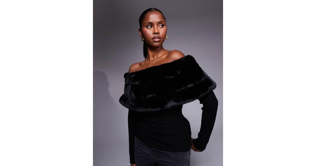 River Island Faux Fur Trim Bardot Jumper in Black | Lyst UK