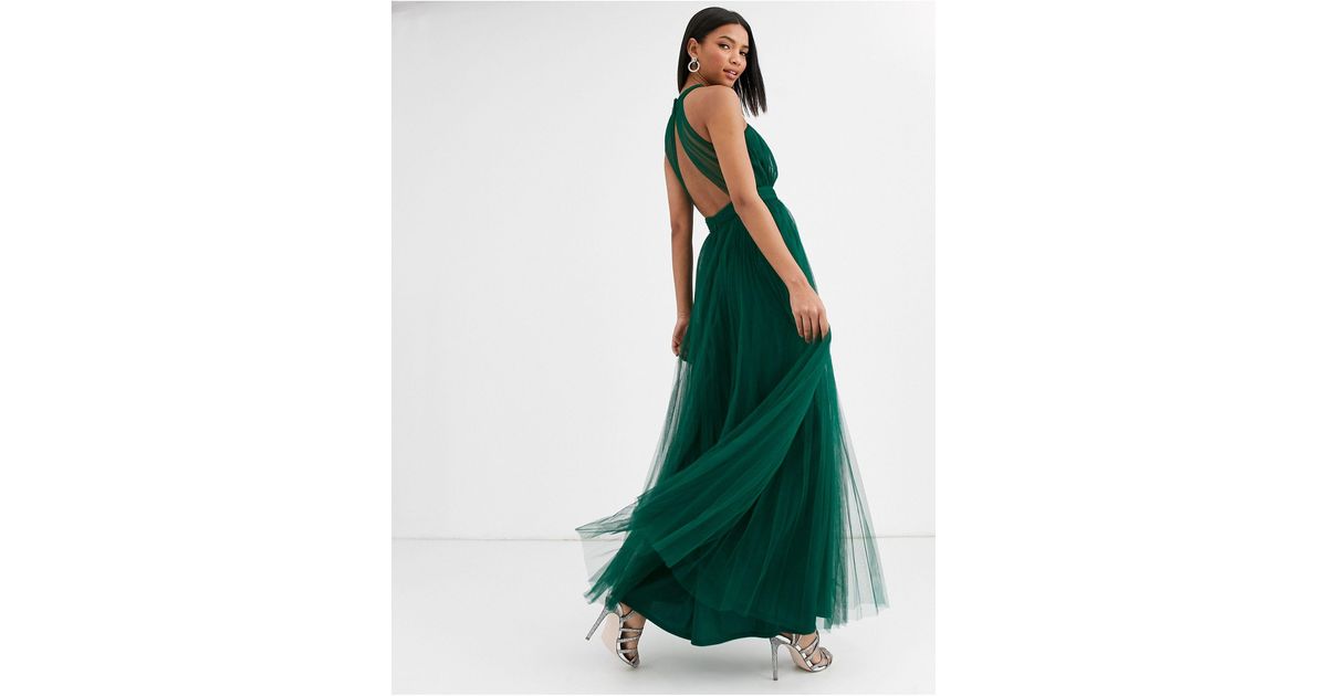 Asos Halter Cross Over Front Tulle Maxi Dress In Green Lyst